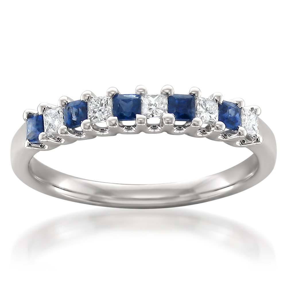 Beyond Brilliance 1/2 Carat Diamond, Prong-Set 14K White Gold Princess Cut Diamond & Blue Sapphire Bridal Wedding Band Ring (H-I, I1-I2) Size-10