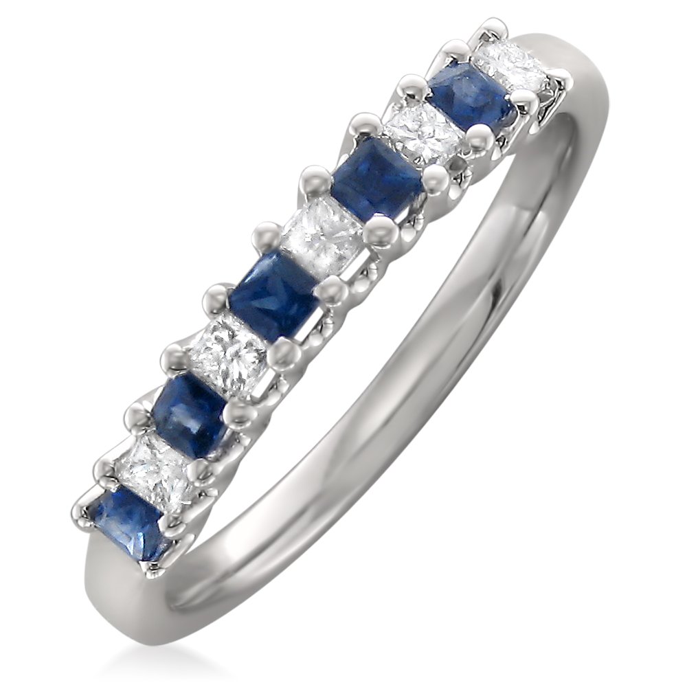 Beyond Brilliance 1/2 Carat Diamond, Prong-Set 14K White Gold Princess Cut Diamond & Blue Sapphire Bridal Wedding Band Ring (H-I, I1-I2) Size-10