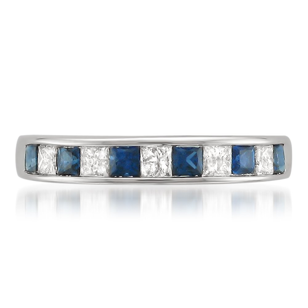 Beyond Brilliance 0.61 Carat Channel Set Princess Cut Diamond & Blue Sapphire Wedding Band Ring in 14K White Gold (H-I, I1-I2)