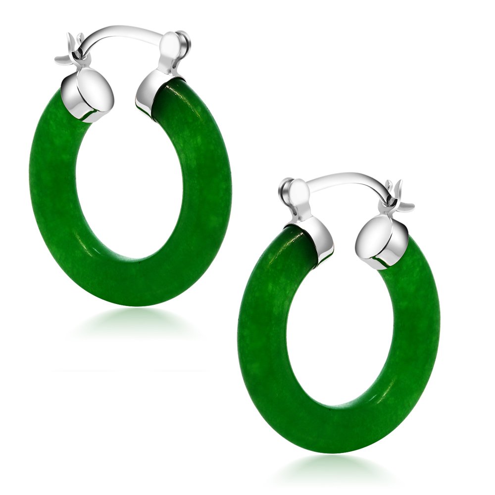 Gem Stone King Vibrant Green 925 Sterling Silver Solid Jade Hoop Earrings 0.5 Inch