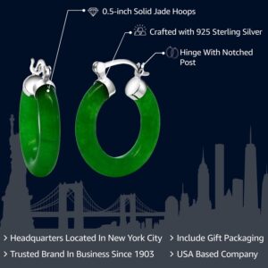 Gem Stone King Vibrant Green 925 Sterling Silver Solid Jade Hoop Earrings 0.5 Inch