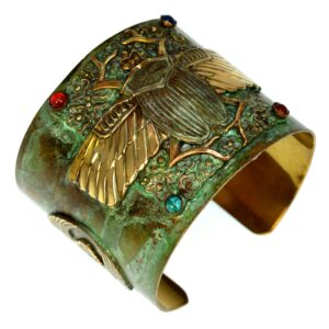 Elaine Coyne Collectible Artwear Patina Brass Egyptian Scarab Motif Wide Cuff Bracelet - Carnelian, Navy Onyx, Turquoise