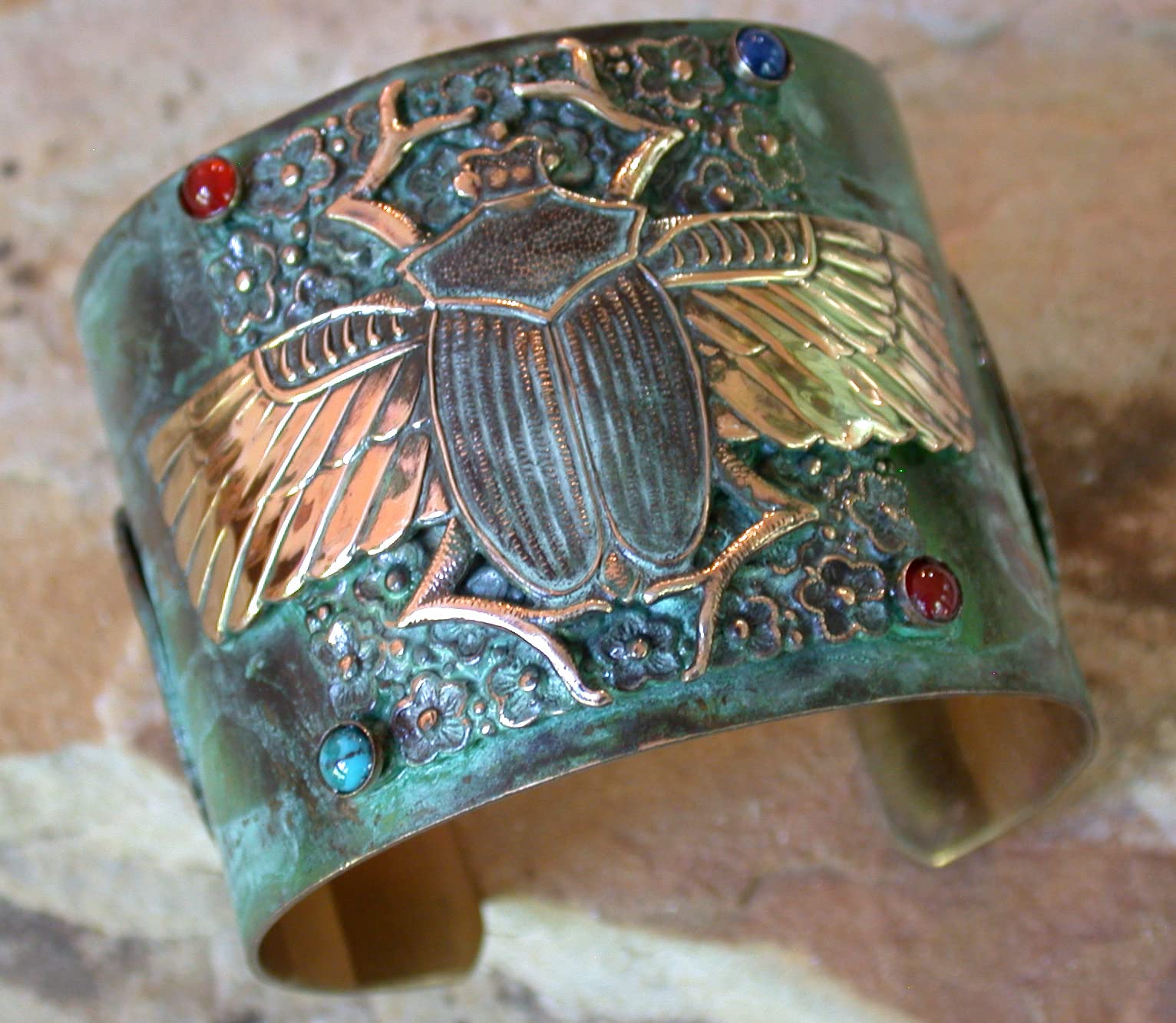 Elaine Coyne Collectible Artwear Patina Brass Egyptian Scarab Motif Wide Cuff Bracelet - Carnelian, Navy Onyx, Turquoise