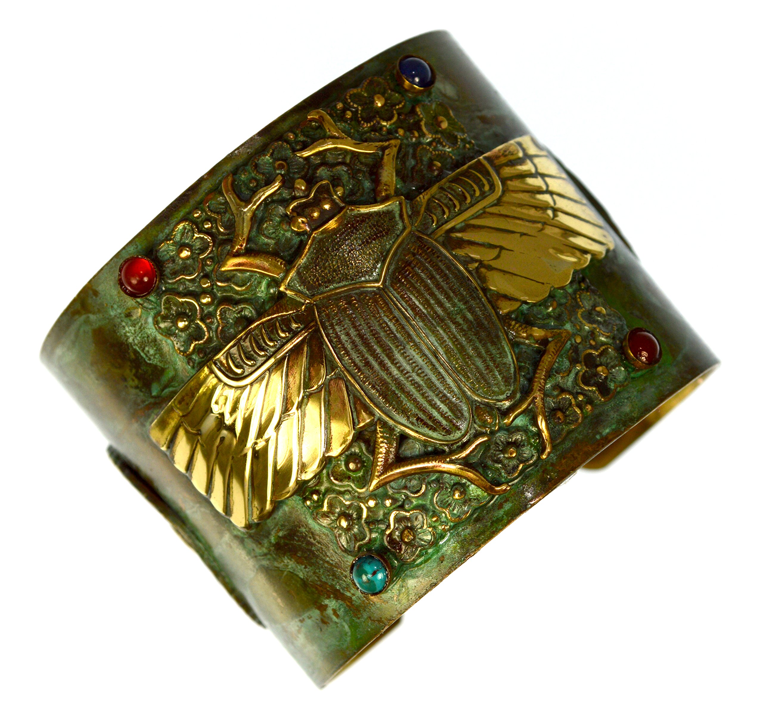 Elaine Coyne Collectible Artwear Patina Brass Egyptian Scarab Motif Wide Cuff Bracelet - Carnelian, Navy Onyx, Turquoise