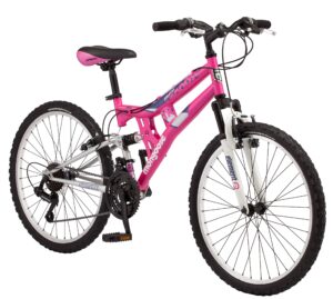 mongoose exlipse full dual-suspension mountain bike for kids, featuring 15-inch/small steel frame and 21-speed shimano drivetrain with 24-inch wheels, kickstand included, pink