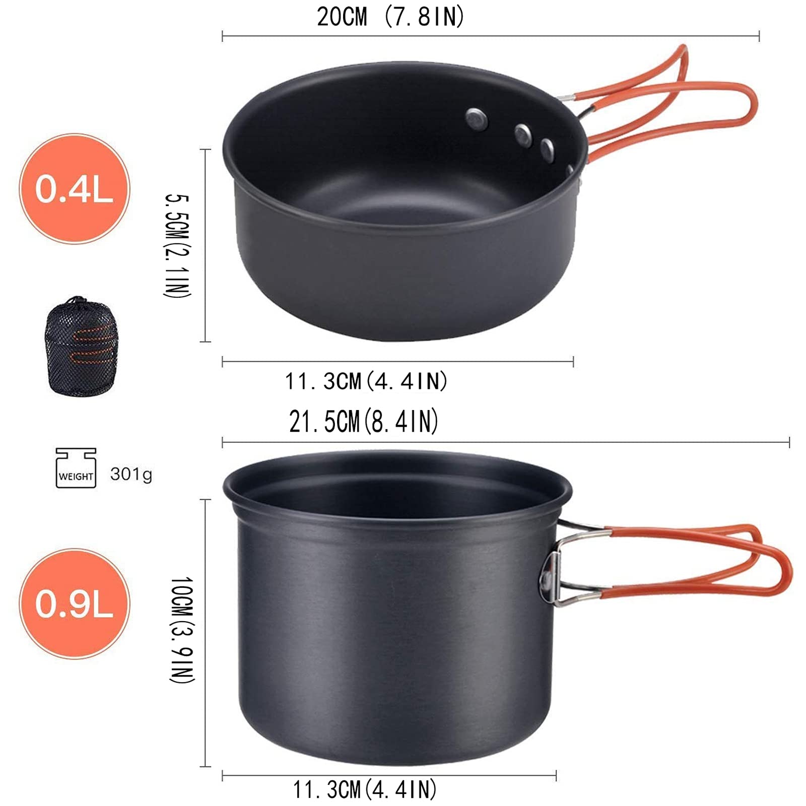 Bulin Camping Cookware Mess Kit, Nonstick Backpacking Cooking Set, Outdoor Cook Gear for Family Hiking, Picnic, Black, 3PC