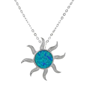 sterling silver created blue opal solar eclipse sun pendant with 18" chain