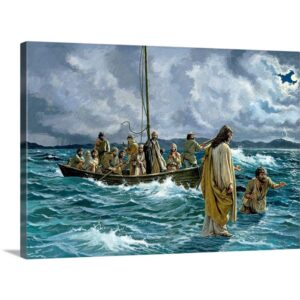 greatbigcanvas christ walking on the sea of galilee canvas wall art print, christian home decor artwork, 30"x20"x1.5"