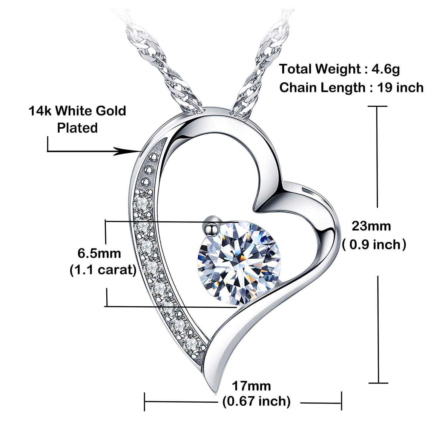 sephla Heart Necklace 14K White Gold Plated Round Cut Cubic Zirconia Forever Lover Heart Pendant Necklace for Women