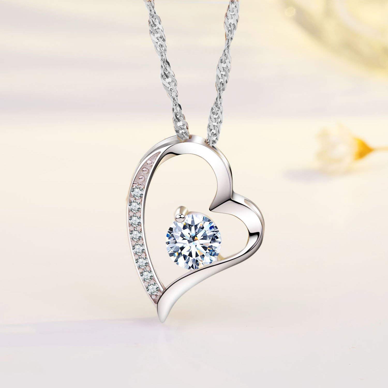 sephla Heart Necklace 14K White Gold Plated Round Cut Cubic Zirconia Forever Lover Heart Pendant Necklace for Women