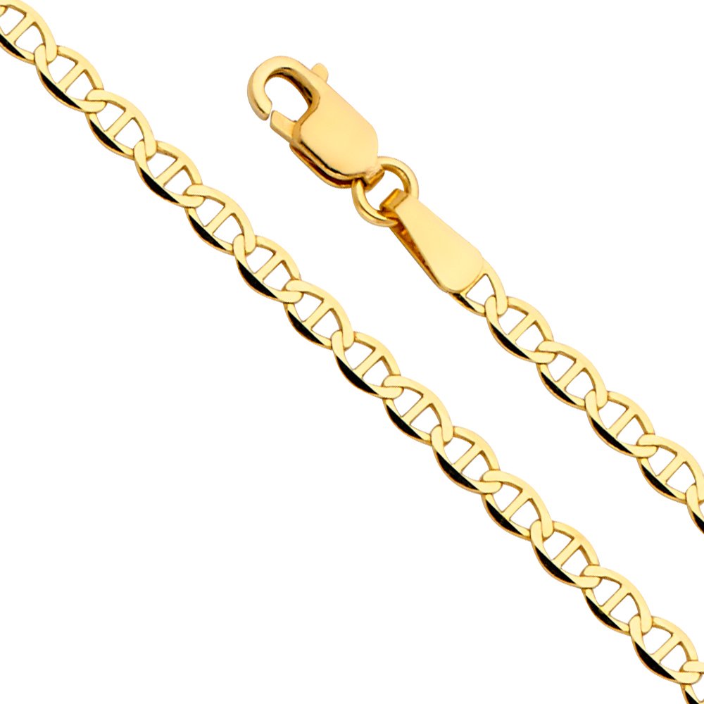 14k REAL Yellow Gold Solid 2.5mm Flat Mariner Chain Necklace with Lobster Claw Clasp - 24"