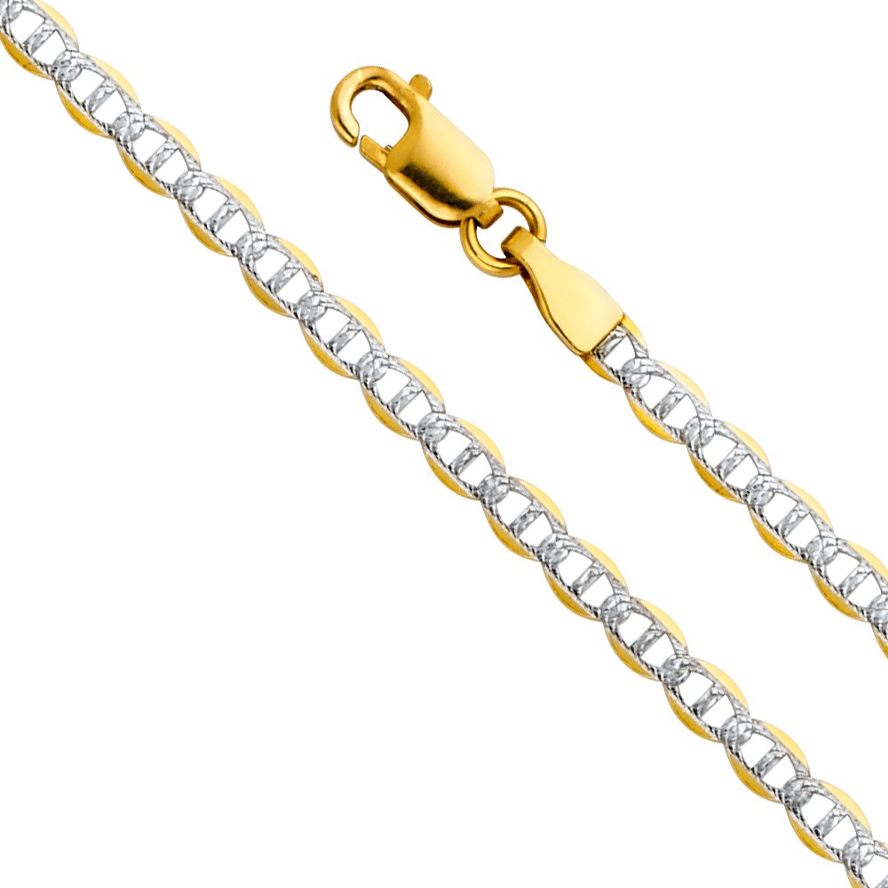 14k REAL Two Tone Gold Solid 3mm Flat Mariner White Pave Chain Necklace with Lobster Claw Clasp - 22"