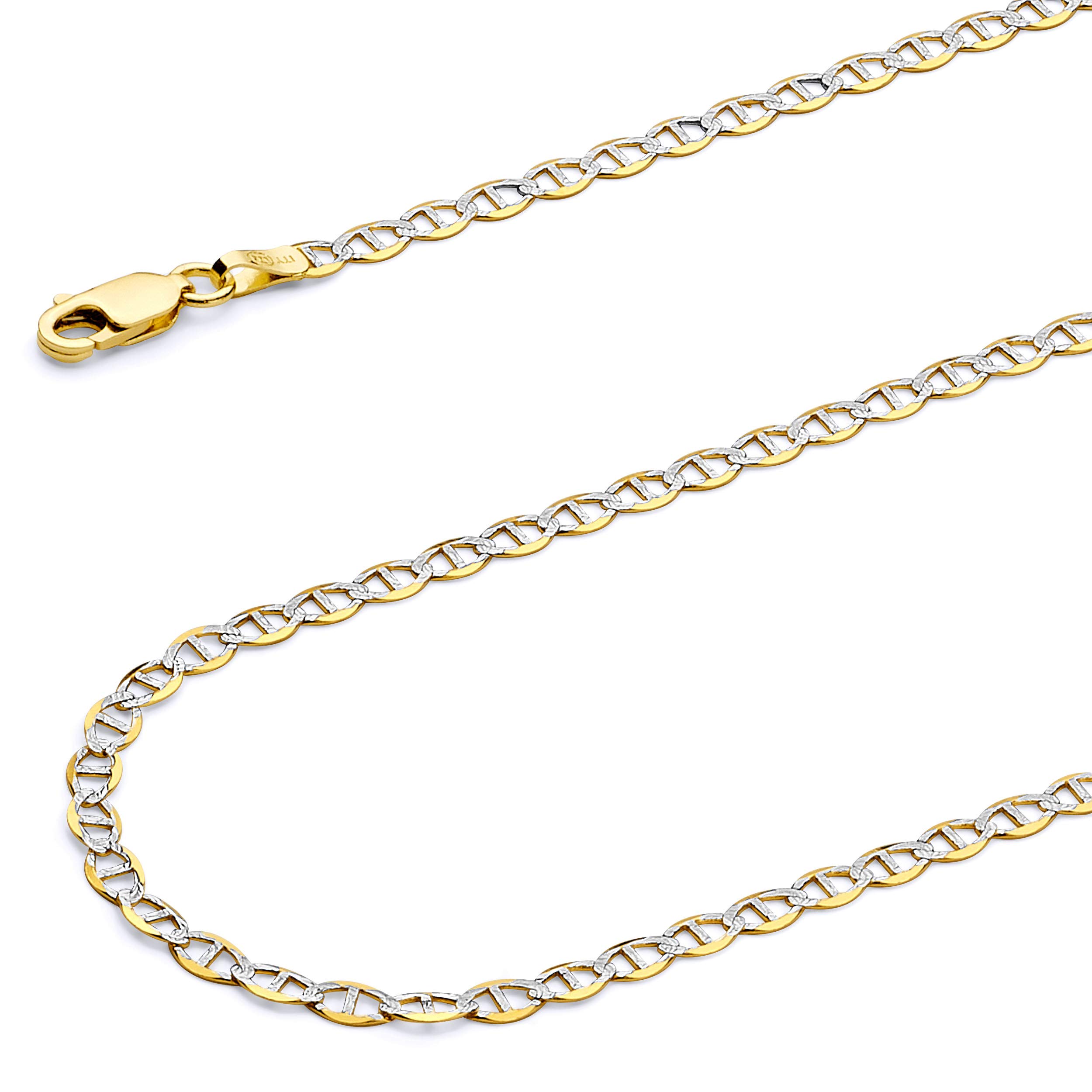 14k REAL Two Tone Gold Solid 3mm Flat Mariner White Pave Chain Necklace with Lobster Claw Clasp - 22"