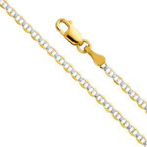 14k real two tone gold solid 2.5mm flat mariner white pave chain bracelet with lobster claw clasp - 7"