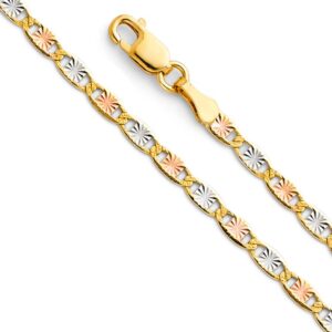 14k real tri color gold solid 2.5mm star diamond cut chain bracelet with lobster claw clasp - 7"