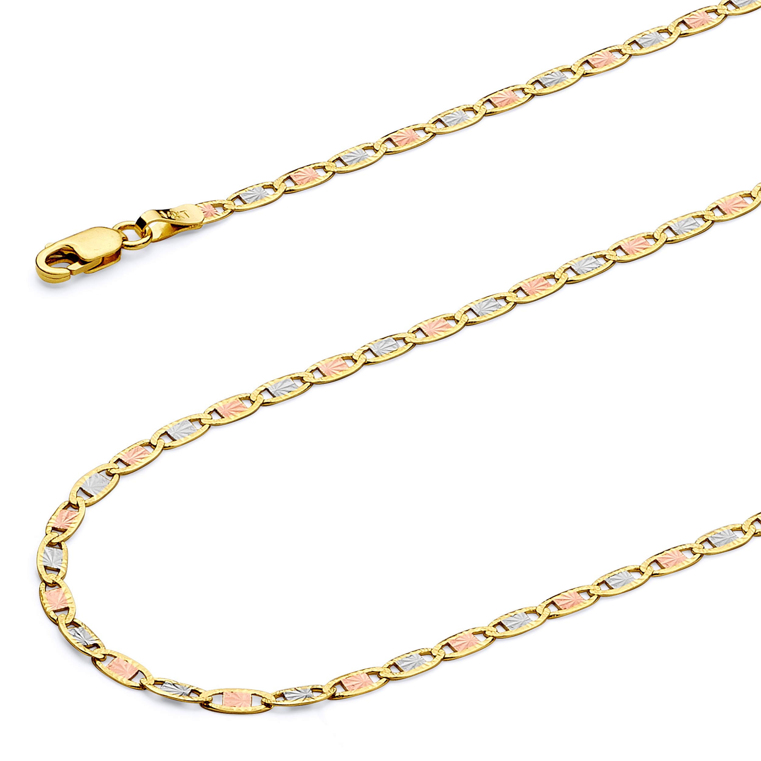 14k REAL Tri Color Gold Solid 2.5mm Star Diamond Cut Chain Bracelet with Lobster Claw Clasp - 7"