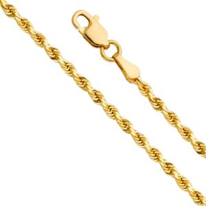 14k real yellow gold solid 2.5mm rope diamond cut chain necklace with lobster claw clasp - 22"