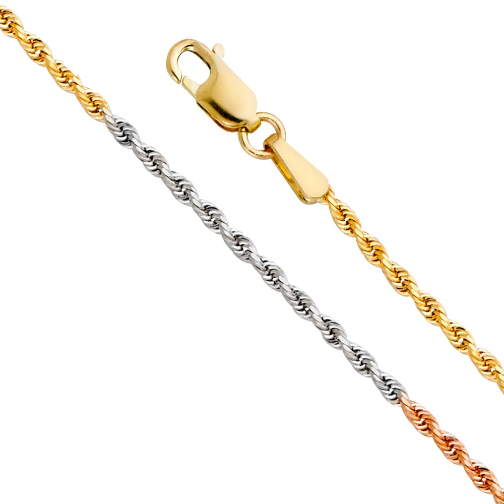 14k REAL Tri Color Gold SOLID 1.5mm Rope Diamond Cut Chain Necklace with Lobster Claw Clasp - 22"