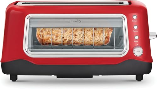 DASH Clear View Toaster - Compact Design with 7 Browning Levels & Clear-View Window, Extra-Wide Slot Large Toaster, 1-Touch Defrost, Reheat & Bagel Functions - Easy Clean Up Crumb Tray (Red)