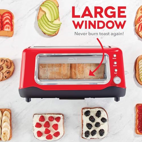 DASH Clear View Toaster - Compact Design with 7 Browning Levels & Clear-View Window, Extra-Wide Slot Large Toaster, 1-Touch Defrost, Reheat & Bagel Functions - Easy Clean Up Crumb Tray (Red)