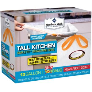 member's mark tall kitchen simple fit drawstring bags, 13 gallon, 200 count