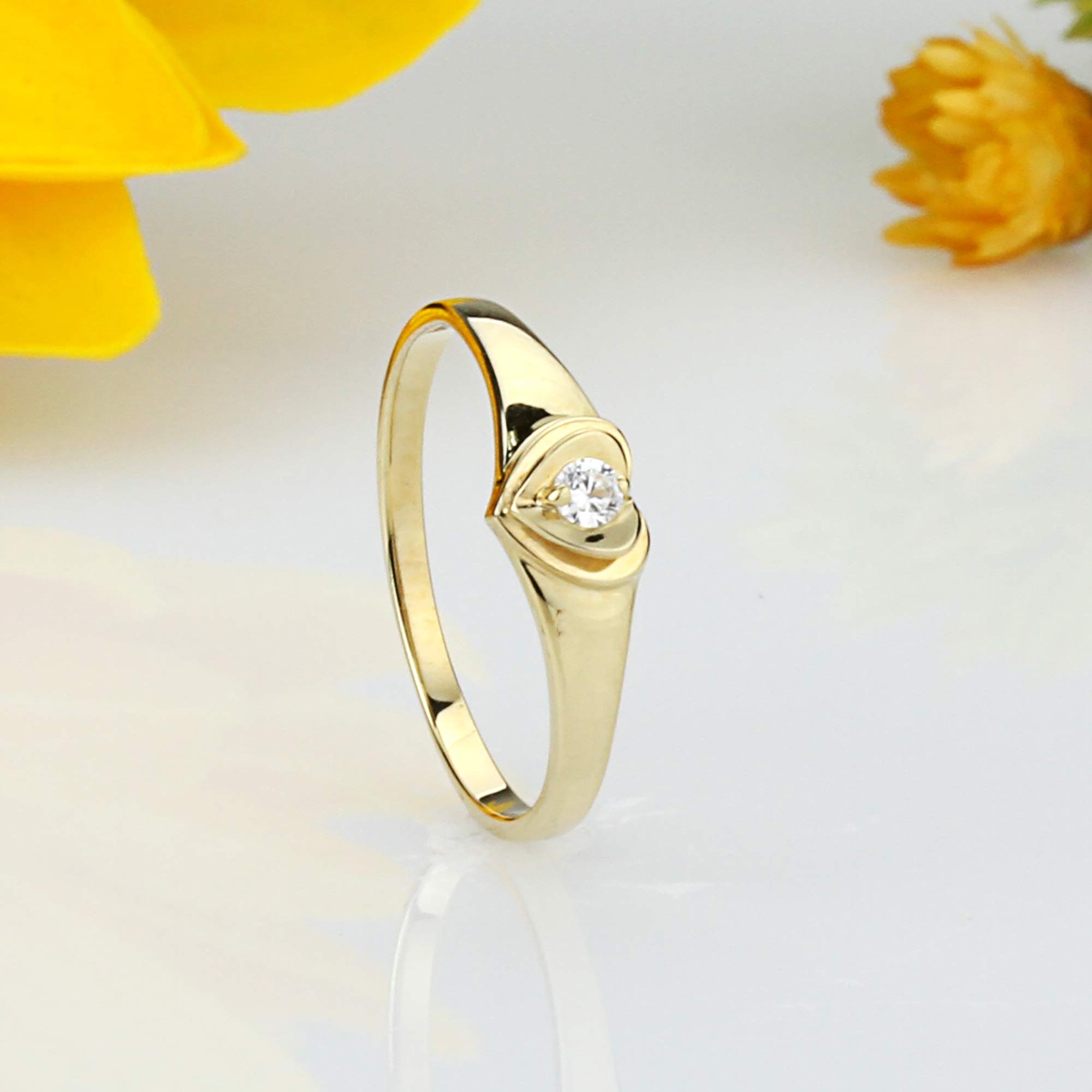 DoubleAccent 14K Gold Ring Round CZ Heart Yellow Gold Ring Size 2 To 5