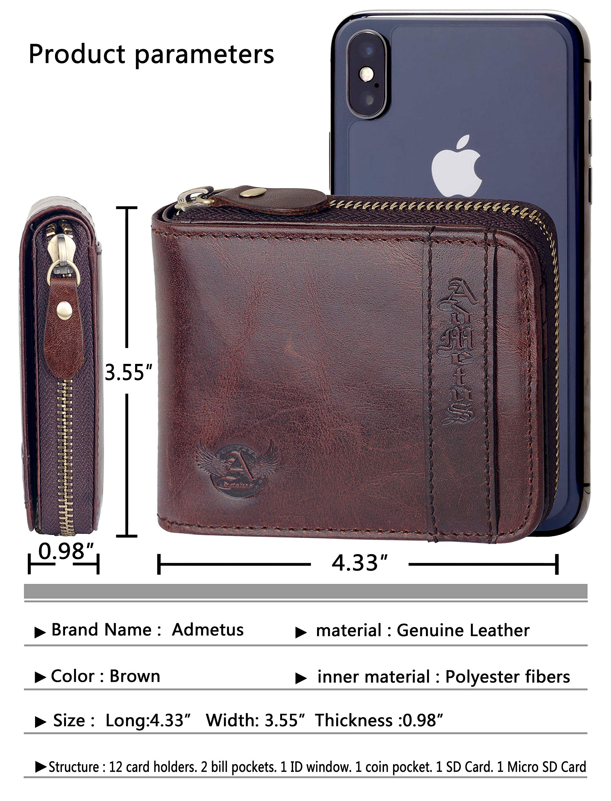 Admetus Wallet for Men Leather Zipper Bifold Wallet RFID Blocking Credit Card Holder with Gift Box Brown