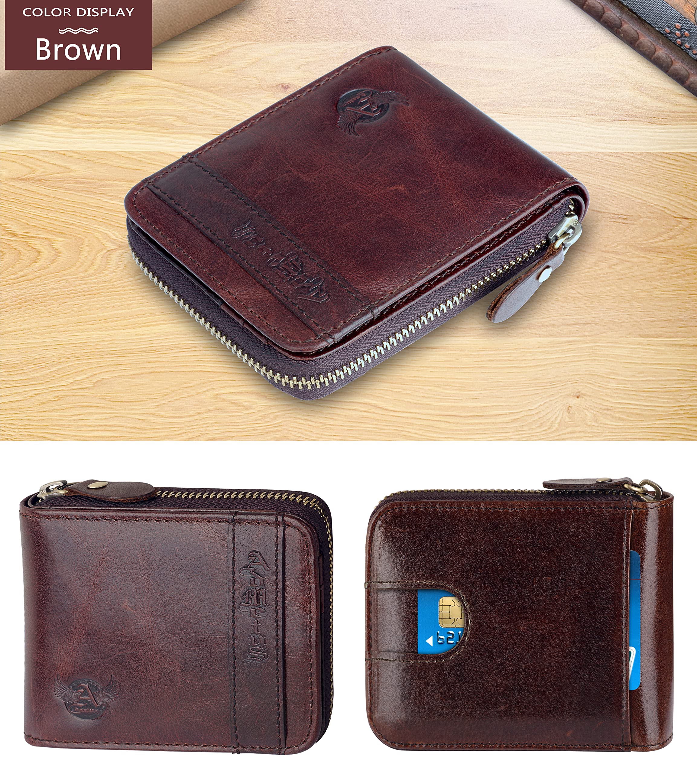 Admetus Wallet for Men Leather Zipper Bifold Wallet RFID Blocking Credit Card Holder with Gift Box Brown