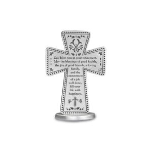 cathedral art god bless your retirement standing metal cross, retirement gift for friends, family, and coworkers, 3 inches tall, by abbey + ca gift, 3.00" x 3.00",silver