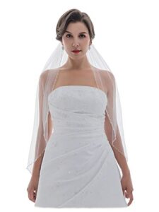 samky 1t 1 tier pearls crystals beaded wedding veil v377 - light ivory fingertip length 36"