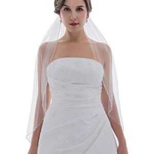 SAMKY 1T 1 Tier Pearls Crystals Beaded Wedding Veil V377 - Light Ivory Fingertip Length 36"