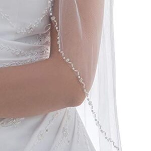 SAMKY 1T 1 Tier Pearls Crystals Beaded Wedding Veil V377 - Light Ivory Fingertip Length 36"