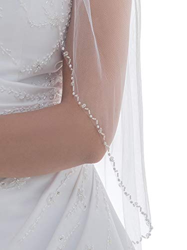 SAMKY 1T 1 Tier Pearls Crystals Beaded Wedding Veil V377 - Light Ivory Fingertip Length 36"