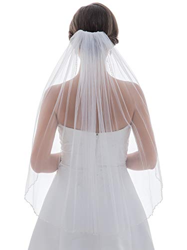 SAMKY 1T 1 Tier Pearls Crystals Beaded Wedding Veil V377 - Light Ivory Fingertip Length 36"