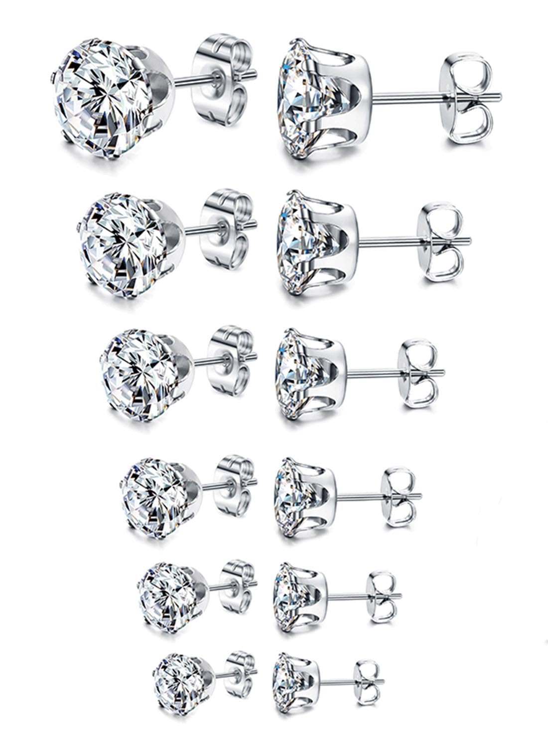 Jstyle Stud Earrings for Women Mens Stainless Steel Earrings, 3-8mm Round Cubic Zirconia Earrings Studs Ear Piercing Jewelry Set