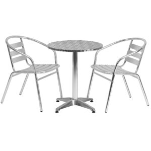 flash furniture 23.5'' round aluminum indoor-outdoor table set with 2 slat back chairs