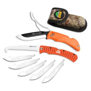 outdoor edge razorpro double blade folding hunting knife & filp n' zip bone saw - hunting knife features a gutting blade & replaceable razorsafe skinning blade. includes camo nylon sheath