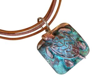 elaine coyne collectible artwear verdigris patina solid brass large sea turtle pendant on triple rawhide - usa made