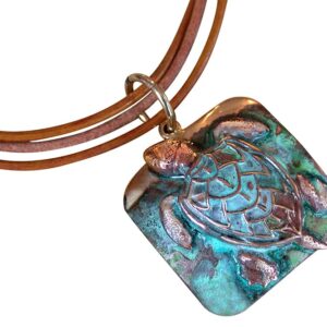 Elaine Coyne Collectible Artwear Verdigris Patina Solid Brass Large Sea Turtle Pendant on Triple Rawhide - USA Made