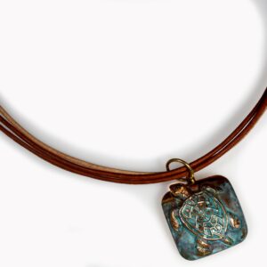 Elaine Coyne Collectible Artwear Verdigris Patina Solid Brass Large Sea Turtle Pendant on Triple Rawhide - USA Made