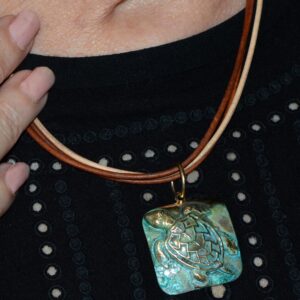 Elaine Coyne Collectible Artwear Verdigris Patina Solid Brass Large Sea Turtle Pendant on Triple Rawhide - USA Made