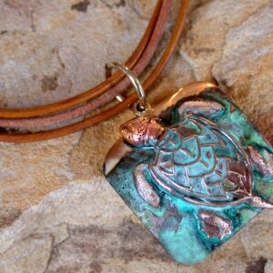 Elaine Coyne Collectible Artwear Verdigris Patina Solid Brass Large Sea Turtle Pendant on Triple Rawhide - USA Made