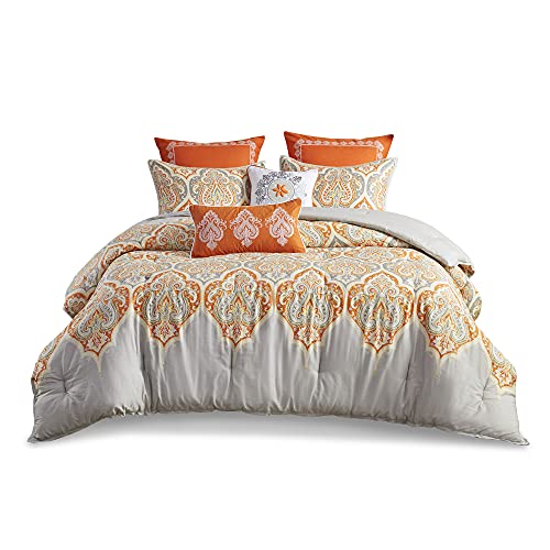 Madison Park Nisha Sateen Cotton Comforter Set, Breathable, Soft Cover, Trendy, All Season Down Alternative Cozy Bedding with Matching Shams, Full/Queen, Orange 7 Piece