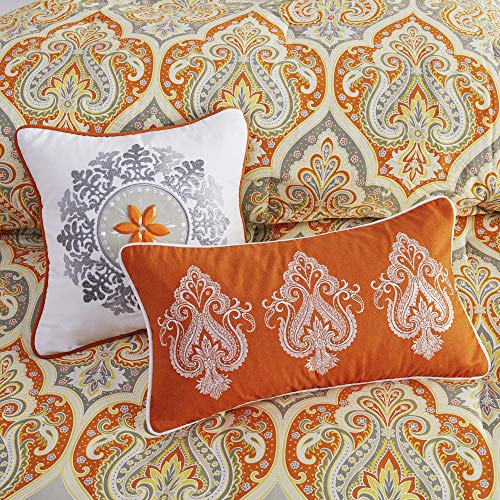 Madison Park Nisha Sateen Cotton Comforter Set, Breathable, Soft Cover, Trendy, All Season Down Alternative Cozy Bedding with Matching Shams, Full/Queen, Orange 7 Piece