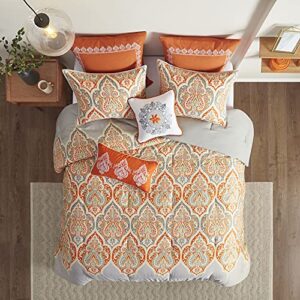 Madison Park Nisha Sateen Cotton Comforter Set, Breathable, Soft Cover, Trendy, All Season Down Alternative Cozy Bedding with Matching Shams, Full/Queen, Orange 7 Piece