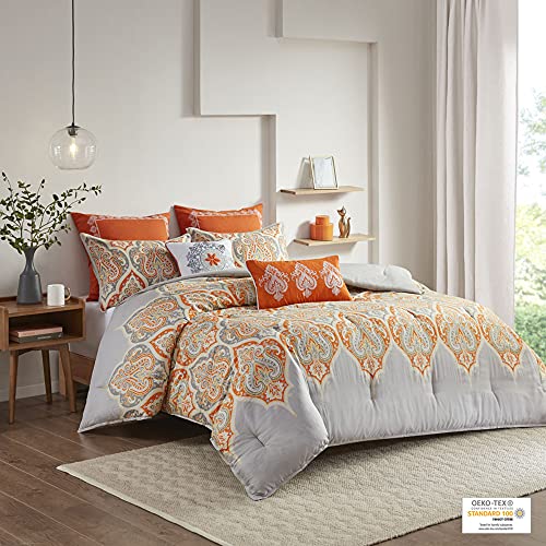 Madison Park Nisha Sateen Cotton Comforter Set, Breathable, Soft Cover, Trendy, All Season Down Alternative Cozy Bedding with Matching Shams, Full/Queen, Orange 7 Piece