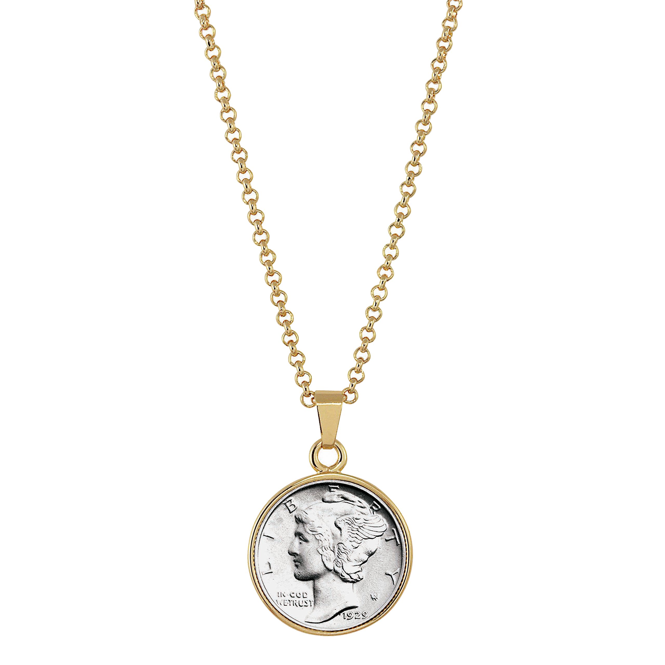 American Coin Treasures Silver Mercury Dime Goldtone Coin Pendant with 18" Chain Necklace - Authentic and Elegant Keepsake Jewelry for Women | White Luxury Gift Box Included