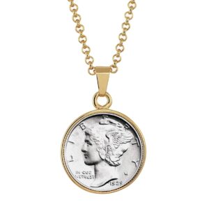 American Coin Treasures Silver Mercury Dime Goldtone Coin Pendant with 18" Chain Necklace - Authentic and Elegant Keepsake Jewelry for Women | White Luxury Gift Box Included