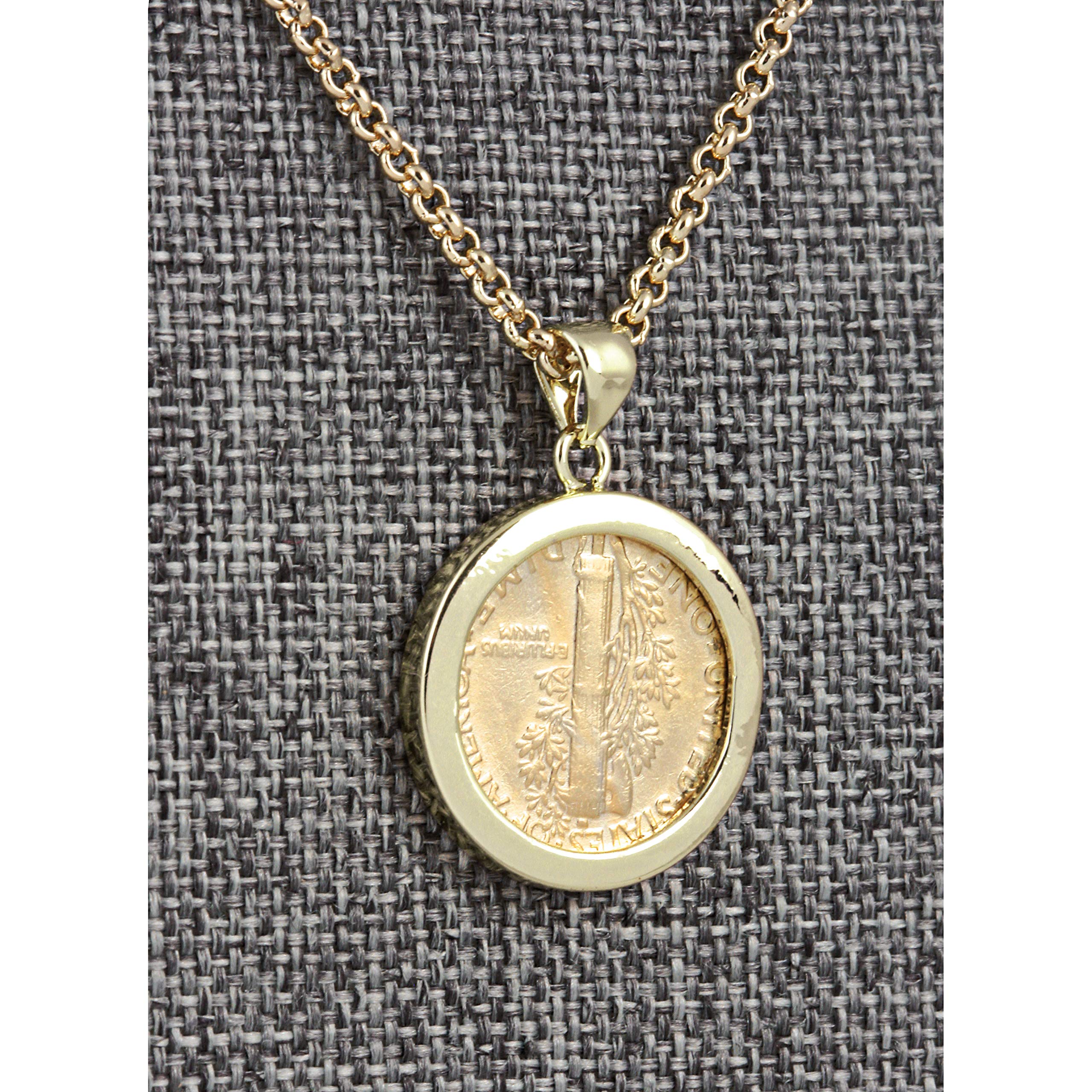 American Coin Treasures Gold-Layered Silver Mercury Dime Goldtone Coin Pendant with 18" Chain Necklace - Genuine and Elegant Keepsake Jewelry for Women | White Luxury Gift Box Included