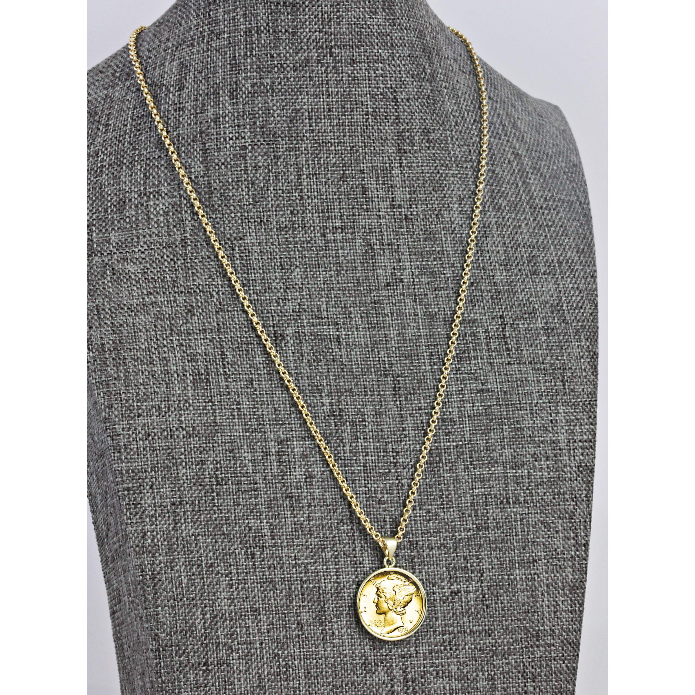 American Coin Treasures Gold-Layered Silver Mercury Dime Goldtone Coin Pendant with 18" Chain Necklace - Genuine and Elegant Keepsake Jewelry for Women | White Luxury Gift Box Included